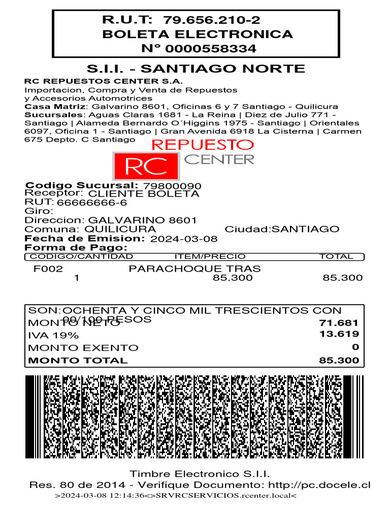 Boleta Electrónica RC Repuestos 2024 | PDF | Tecnología