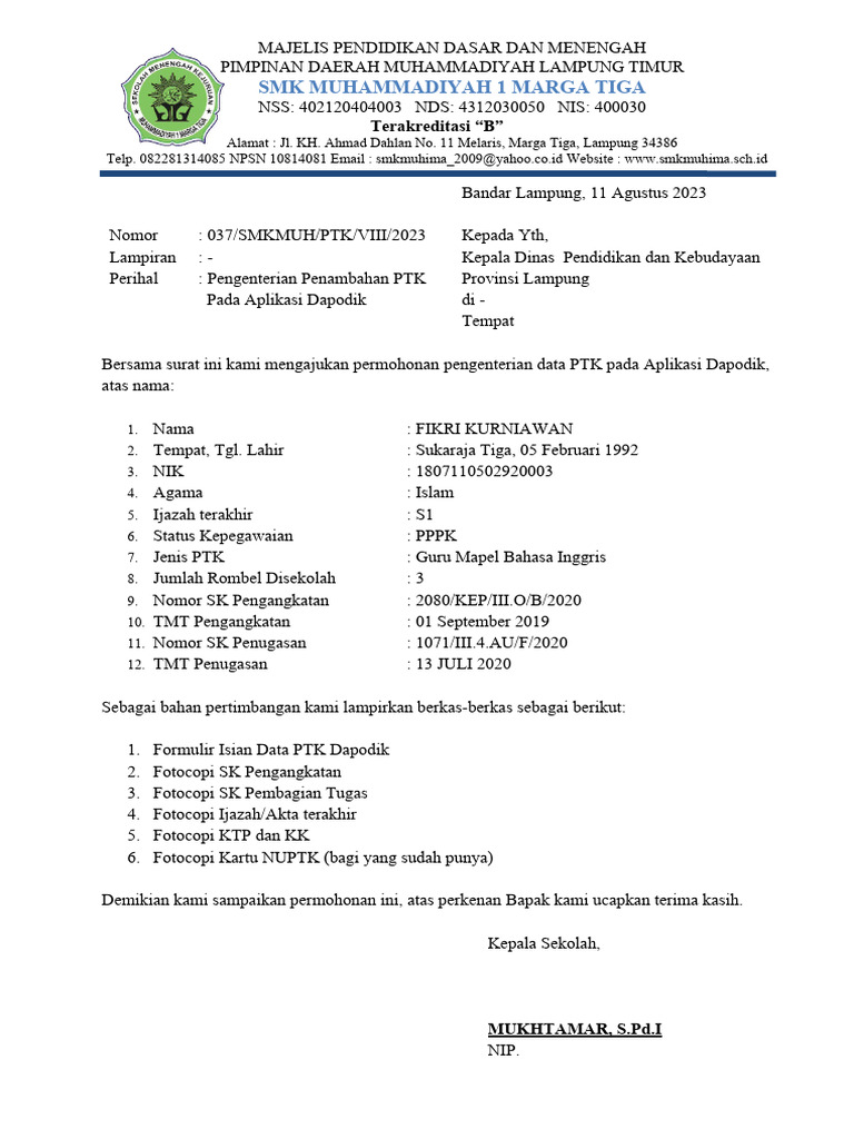 Permohonan Data PTK Dapodik 2023 | PDF