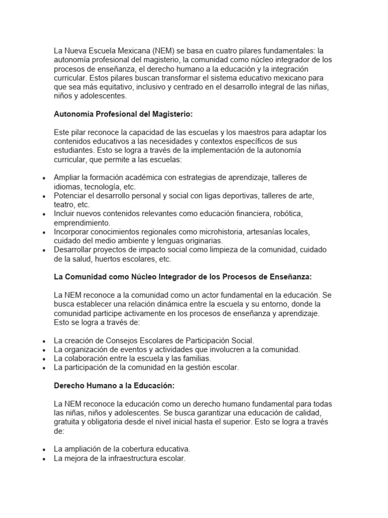 Cuatro Pilares de la Nueva Escuela Mexicana | PDF | Educación de la ...