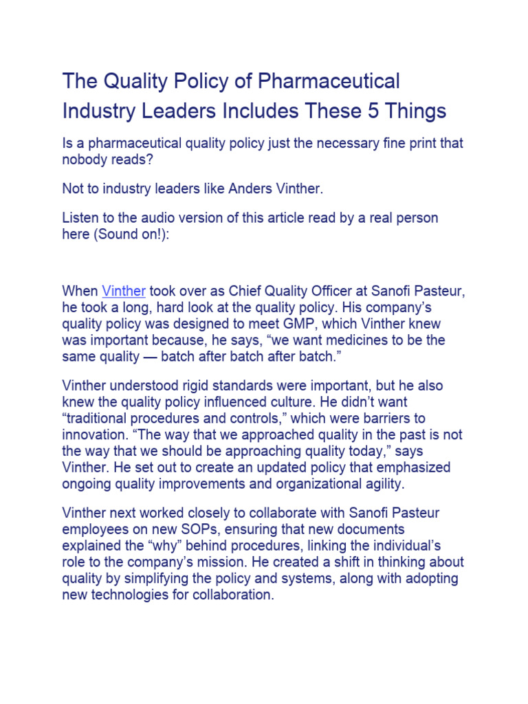The Quality Policy of Pharmaceutical Industry | PDF | Regulatory Compliance | Quality Management ...
