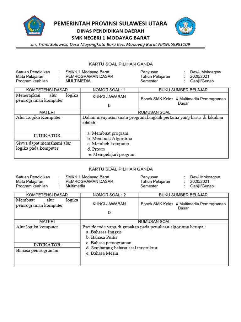 Kartu Soal Pemrograman Dasar | PDF | Komputer