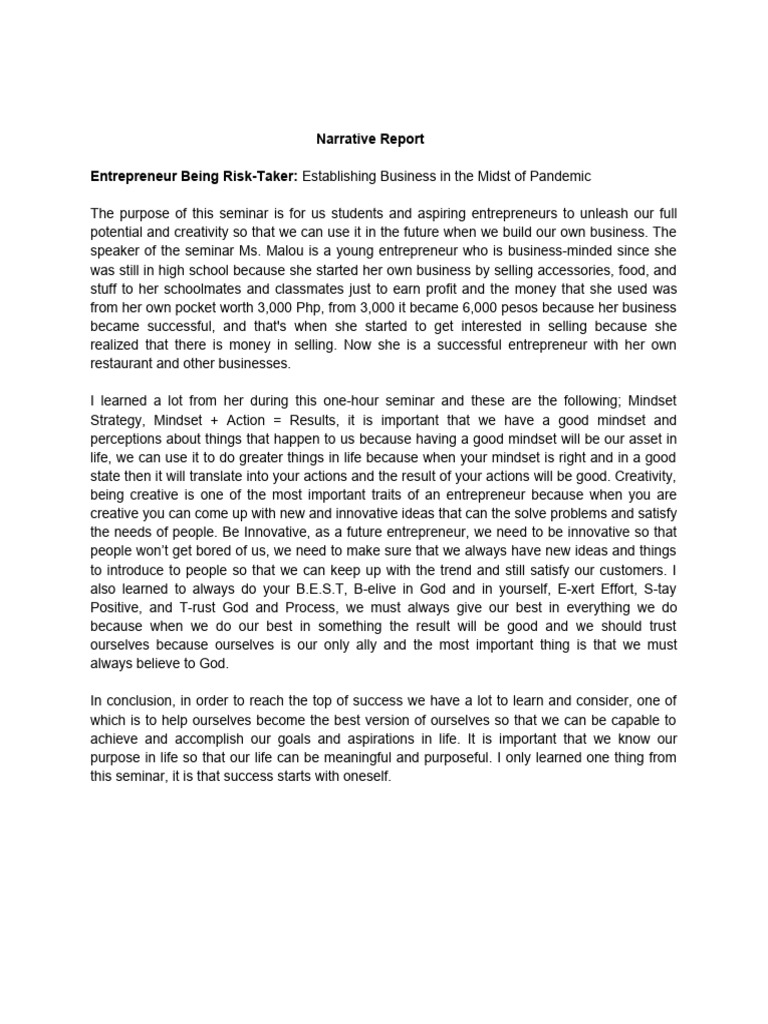 Narrative Report | PDF | Entrepreneurship | Mindset