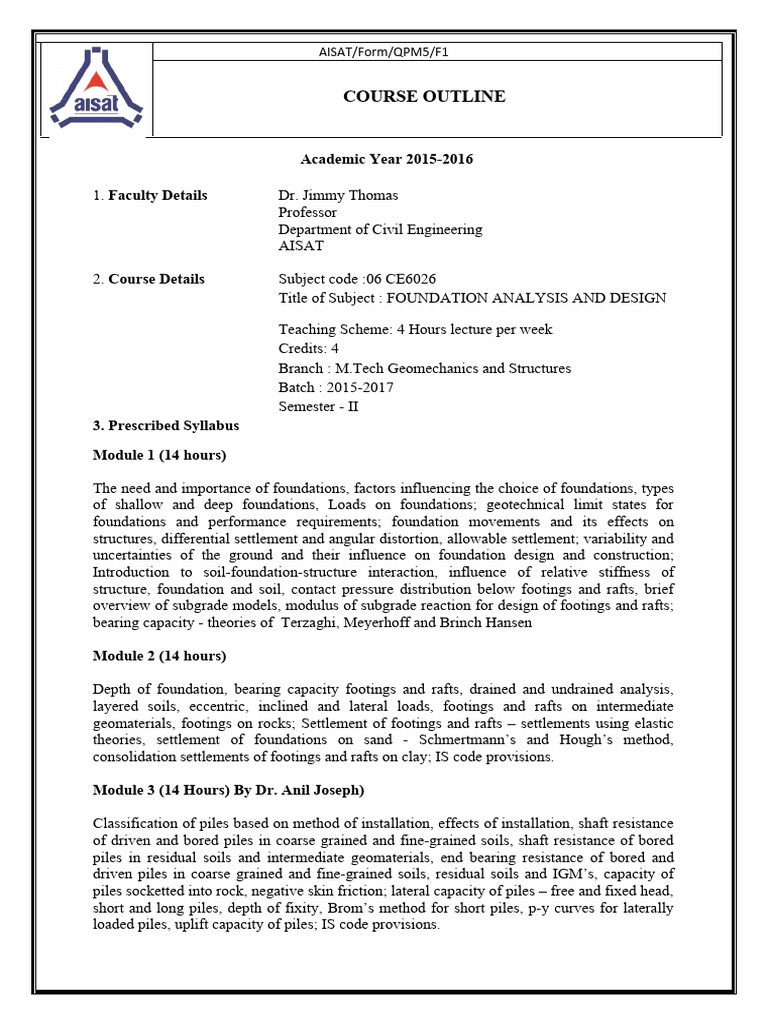 Foundation Analysis and Design Course Outline | PDF | Foundation ...