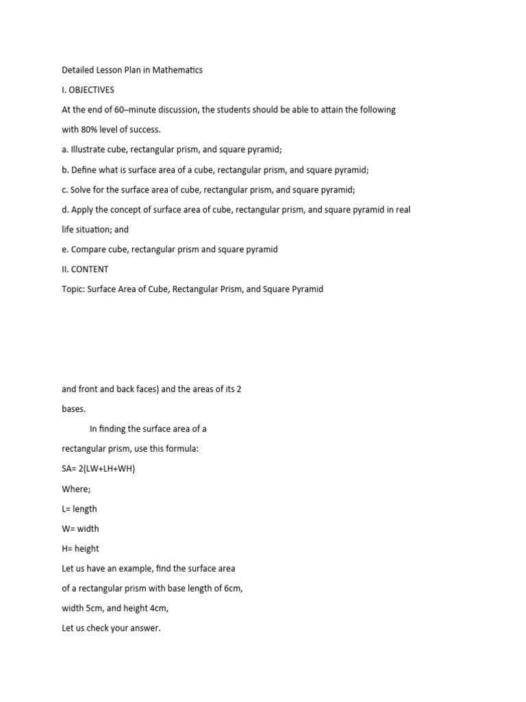 Surface Area Lesson Plan | PDF | Area | Length