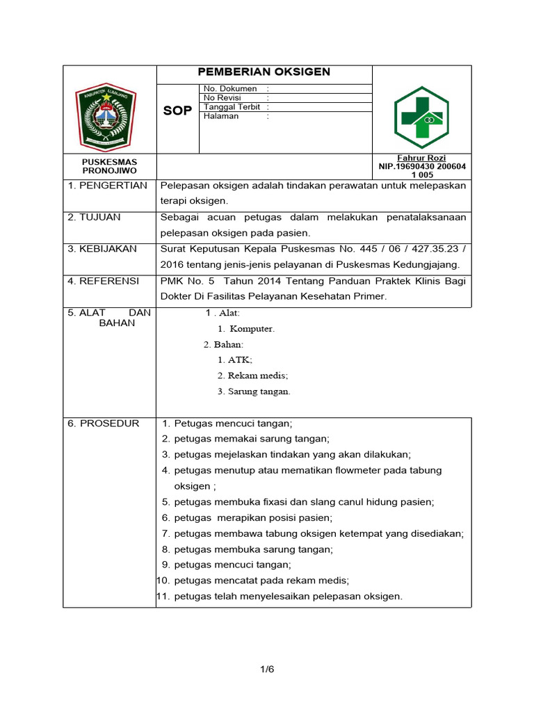 Sop Pelepasan Oksigen | PDF