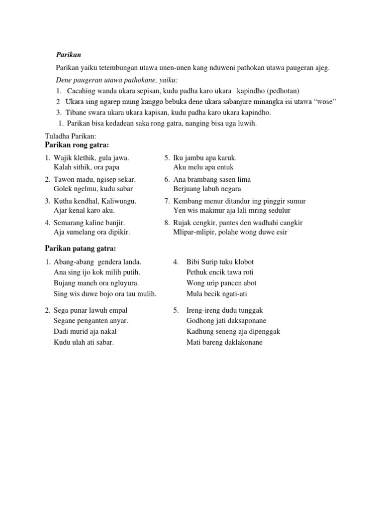 Contoh Parikan Rong Gatra Jawi | PDF | Memasak, Makanan, & Anggur ...