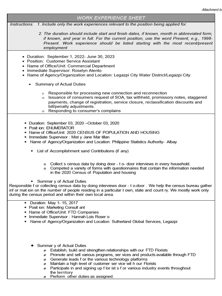 CS Form No. 212 Attachment - Work Experience Sheet (1) | PDF | Census ...
