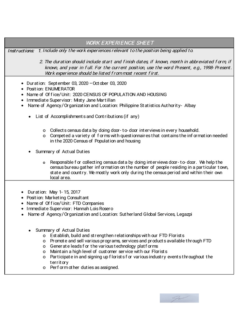 Work-experience-sheet | PDF