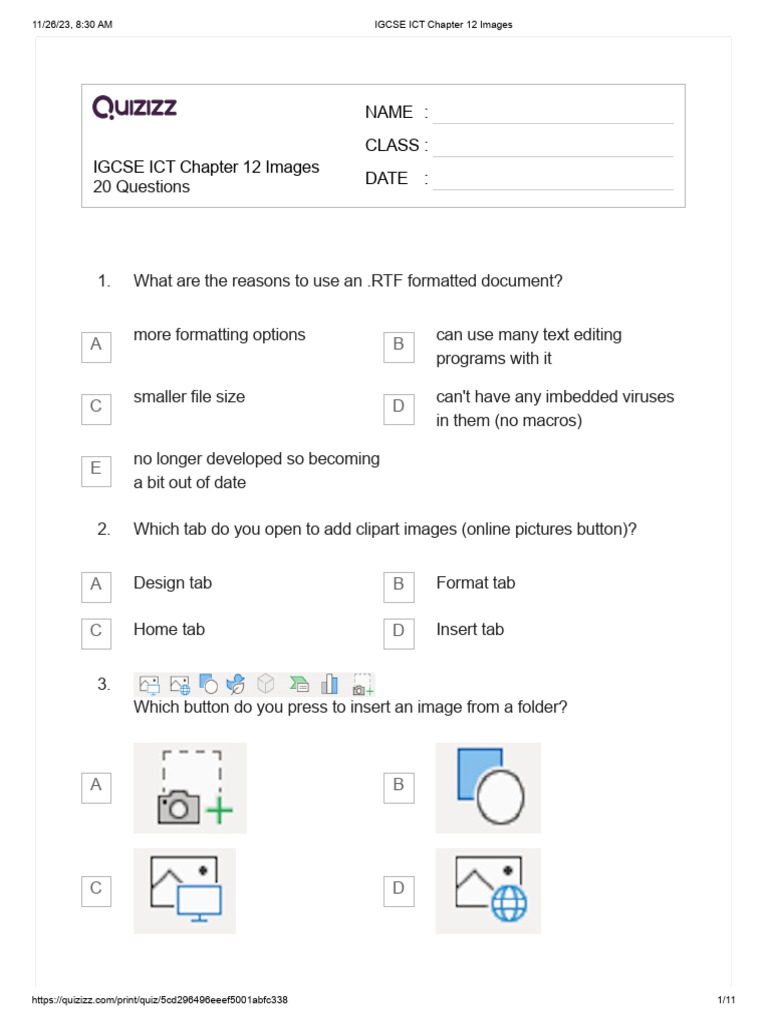 IGCSE ICT Chapter 12: Images Quiz | PDF | Text | Computing