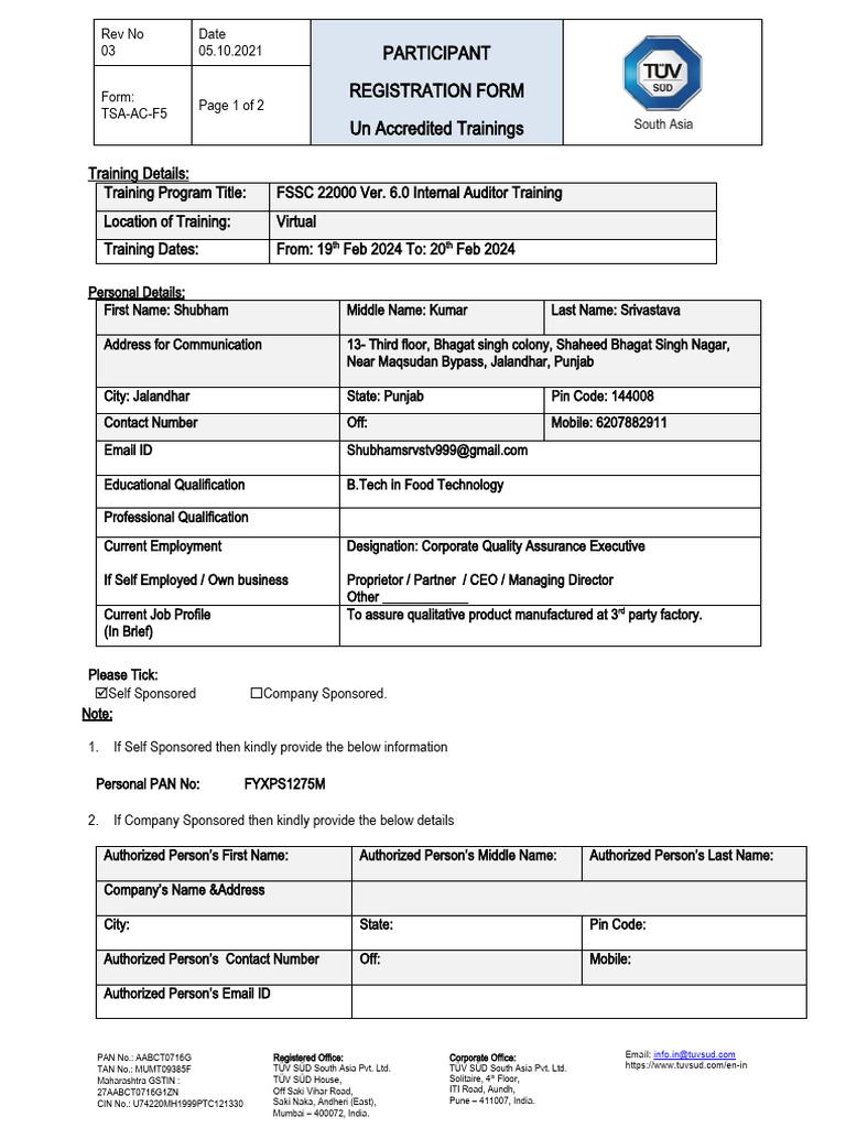 Participant Registration Form | PDF | Cheque | Service Industries
