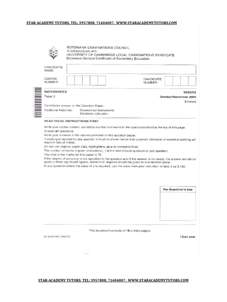 BGCSE Mathematics Paper 2, 2009 | PDF