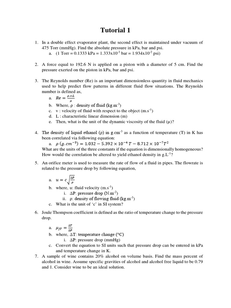 Tutorial 1 - Basic Calculations | PDF | Carbon Dioxide | Fluid Dynamics