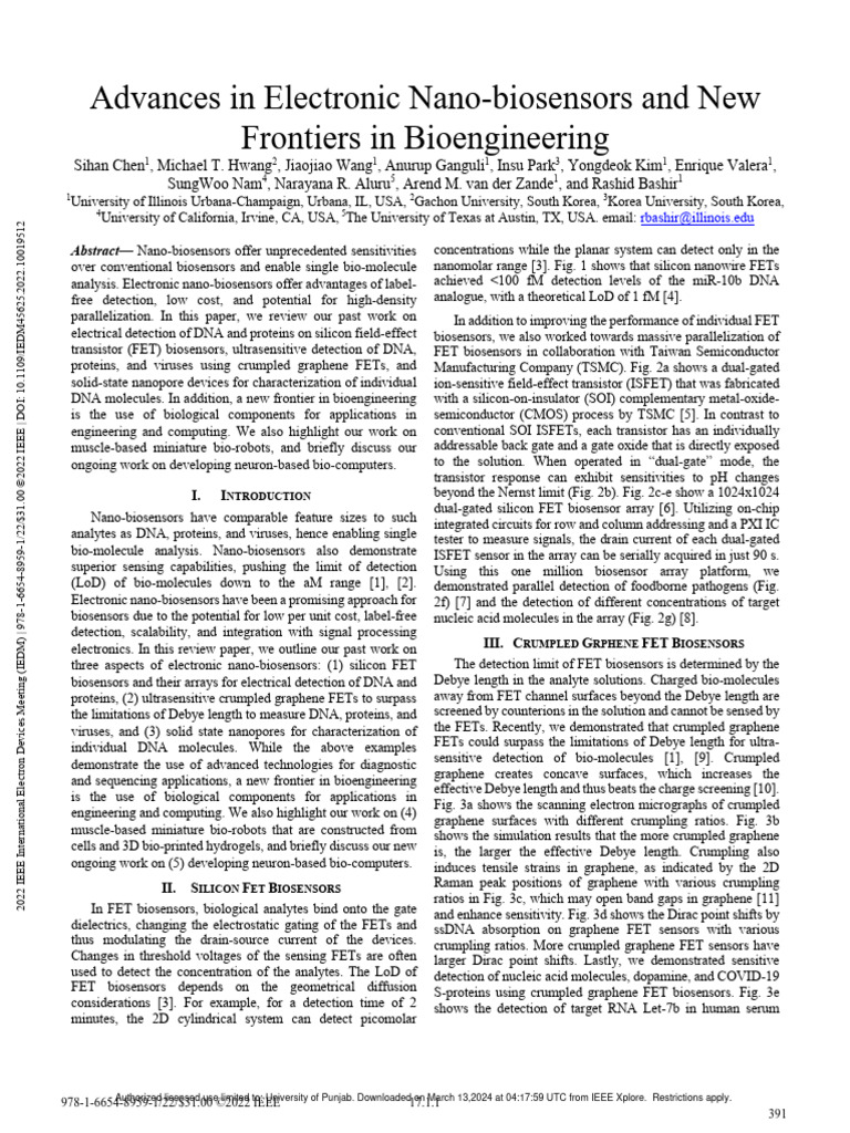 Advances in Electronic Nano-Biosensors and New Frontiers in ...
