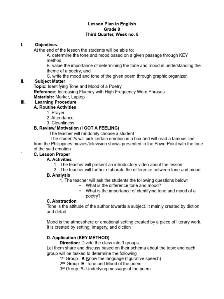 Tone and Mood Lesson Plan for Grade 9 | PDF