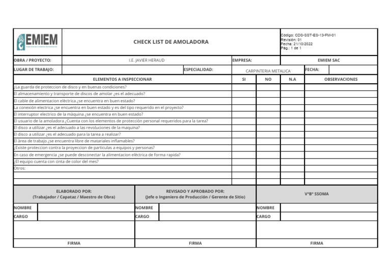 CDS-SST-ES-13-FM-01 Check List de Amoladora Rev. 00 | PDF | Ingenieria ... CDS-SST-ES-13-FM-01 Check List de Amoladora Rev. 00 | PDF | Ingenieria ...