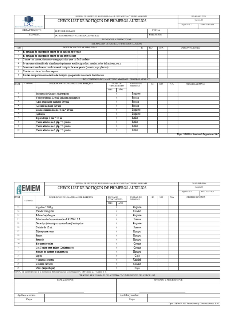 STW - SSOMA - PG12 - CL06 - Check List de Botiquines.V01 | PDF