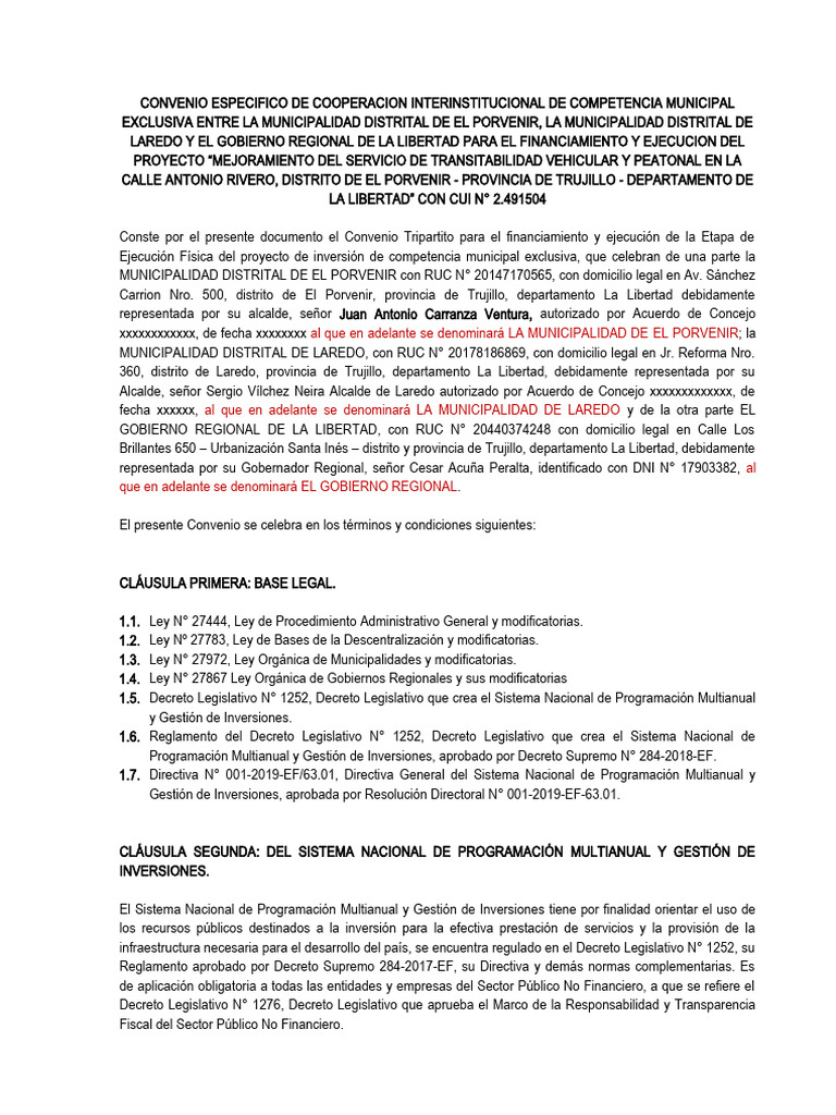 CONVENIO DE COOPERACION INTERINSTITUCIONAL TRIPARTITO ENTRE LAREDO, EL PORVENIR Y EL GORE ...
