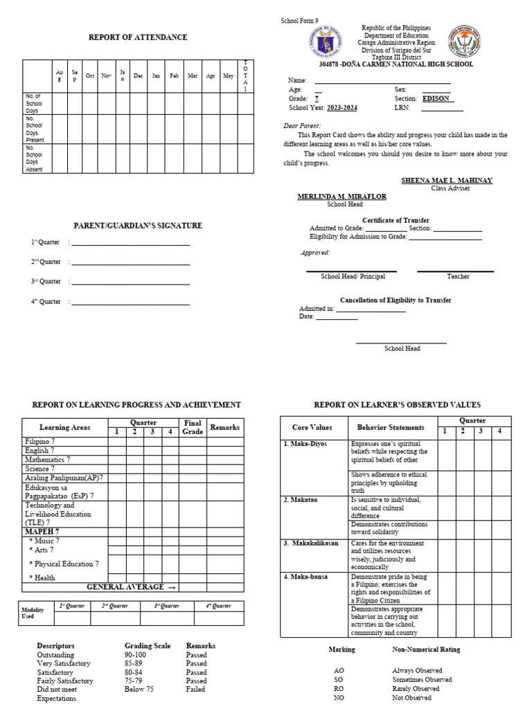 SF9- SCHOOL REPORT CARD | PDF | Learning