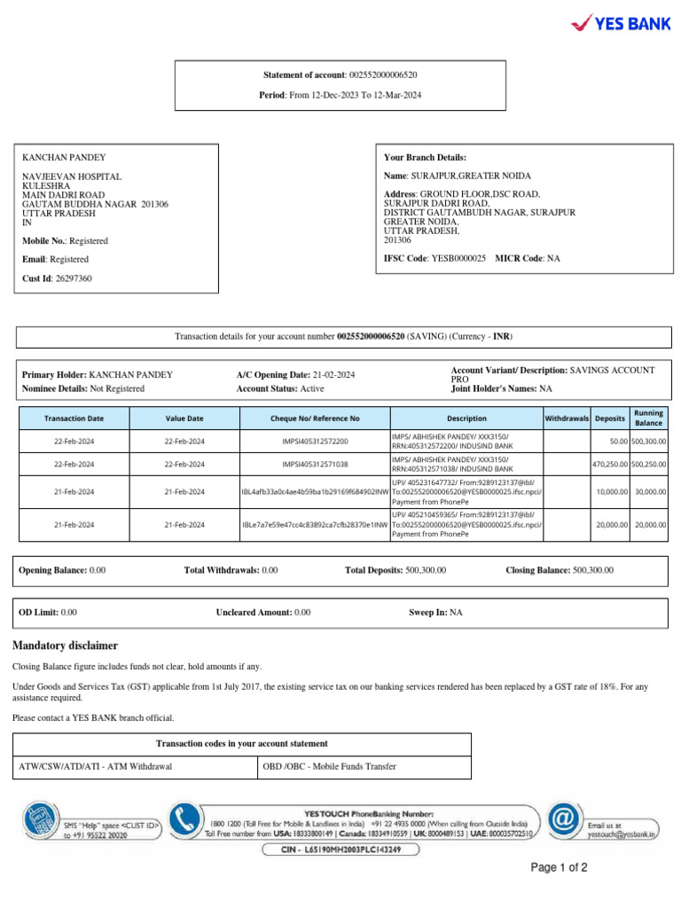 Yes Bank Account Statement for Kanchan Pandey | PDF | Banks | Payments