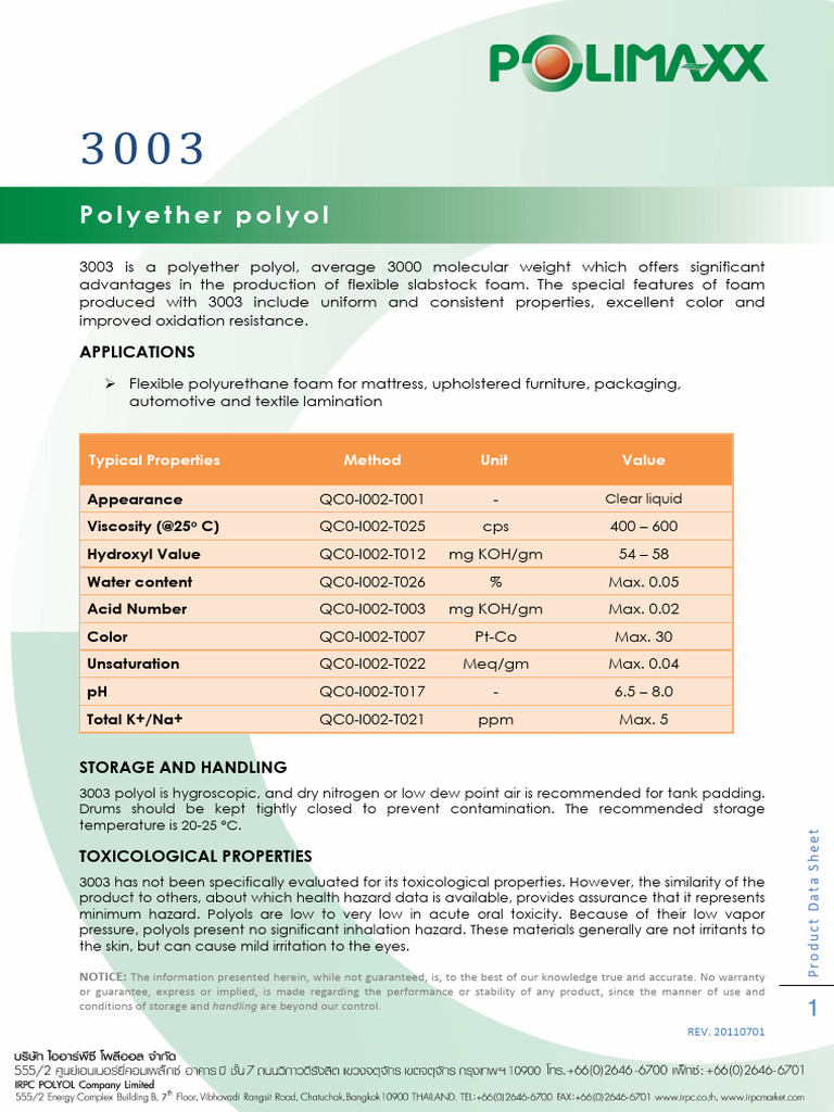 3003 Polyether Polyol TDS | PDF | Polyurethane | Chemistry 3003 Polyether Polyol TDS | PDF | Polyurethane | Chemistry