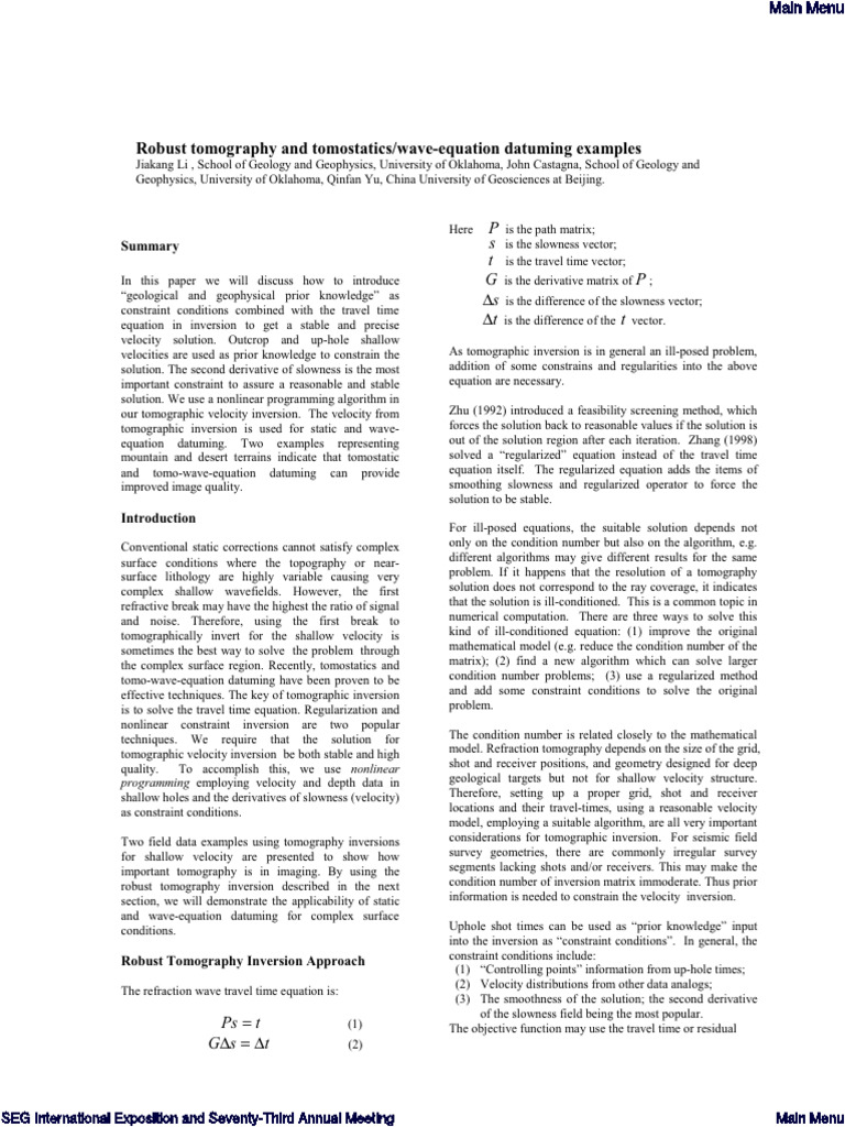 02 Robust Tomography And Tomostaticswave Equation Datuming Examples Pdf Inverse Problem