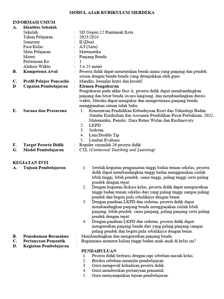 Modul Ajar Matematika Kelas I Untuk Observasi Pengelolaan Kinerja | PDF | Karier & Perkembangan