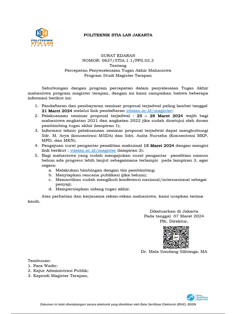 Surat Edaran Tugas Akhir Program Magister Terapan | PDF