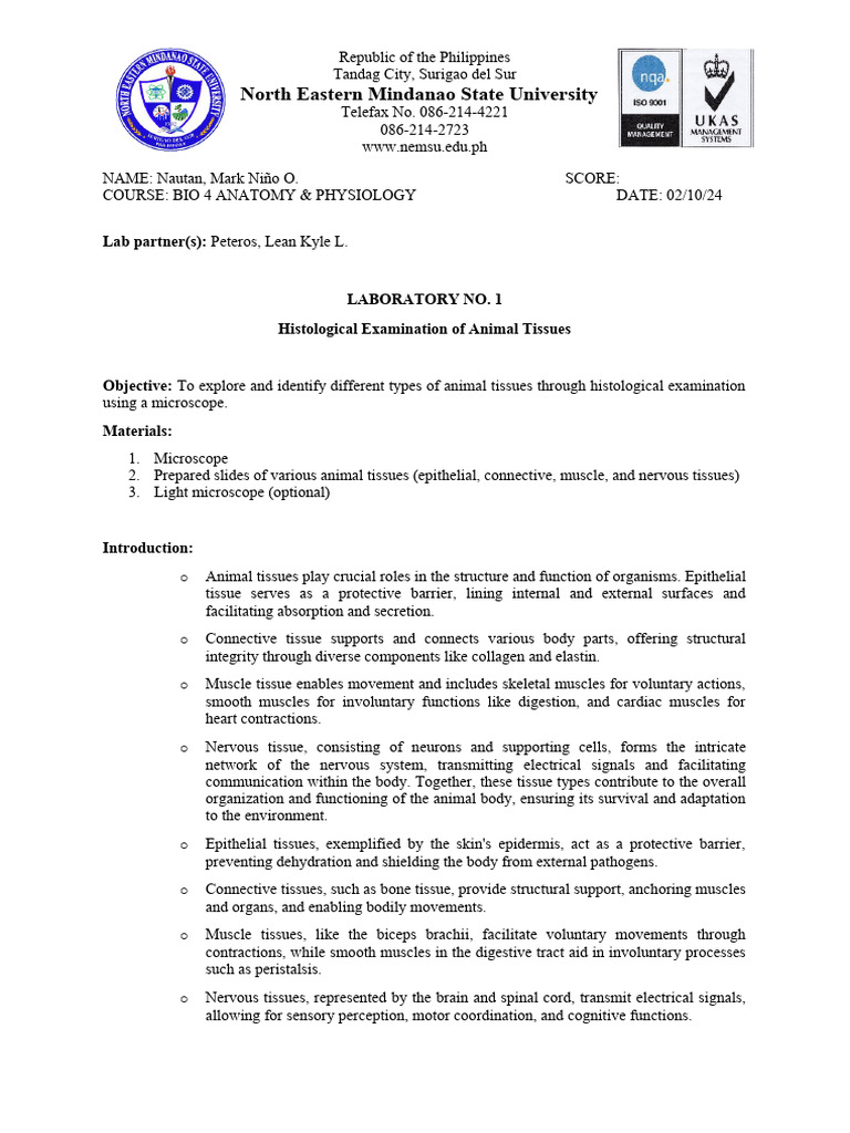 Laboratory Activity 1 Mark | PDF | Tissue (Biology) | Epithelium