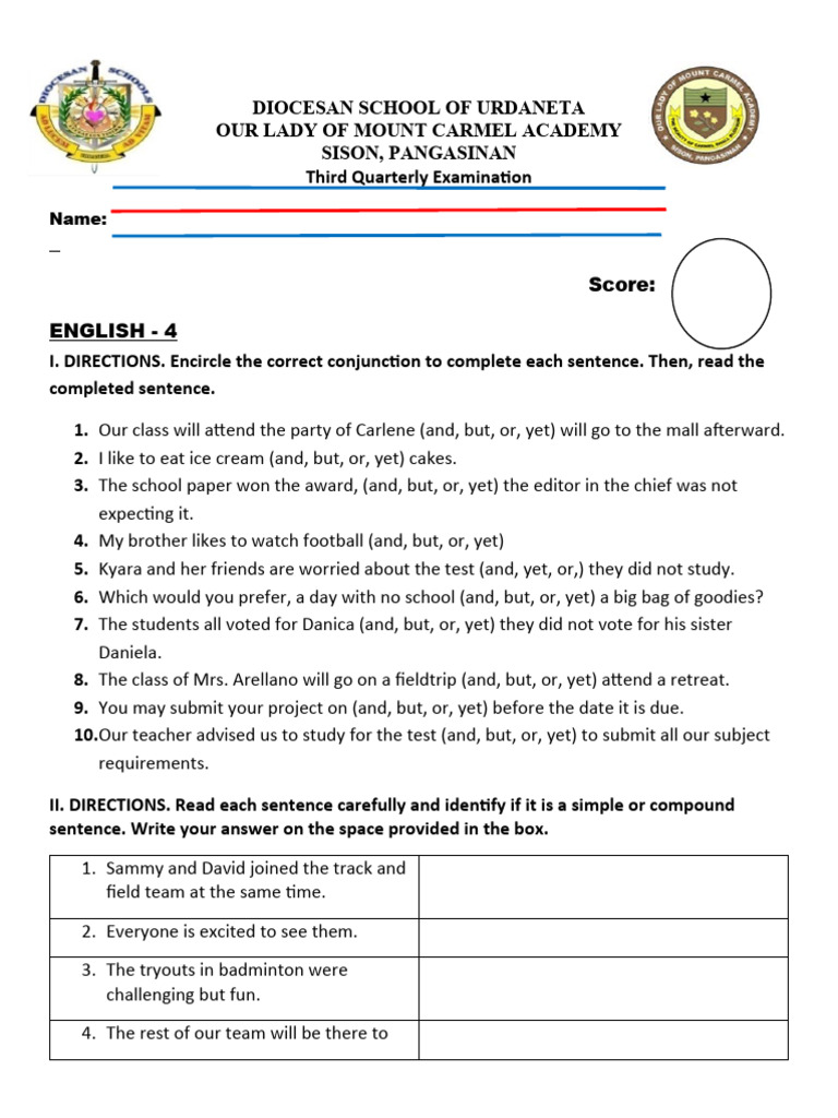 English Exam: Conjunctions & Sentences | PDF