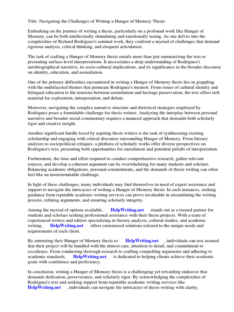 Hunger of Memory Thesis | PDF | Memory | Hunger