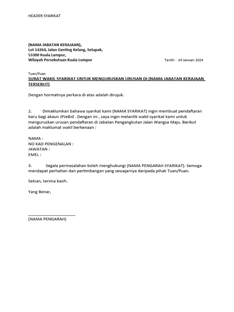 Contoh Surat Wakil Untuk Urusan Di JPJ | PDF