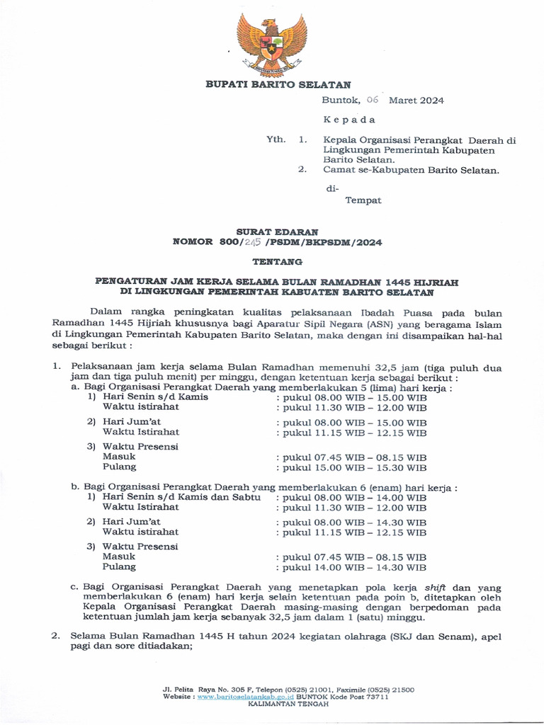 SURAT EDARAN PENGATURAN JAM KERJA SELAMA BULAN RAMADHAN | PDF
