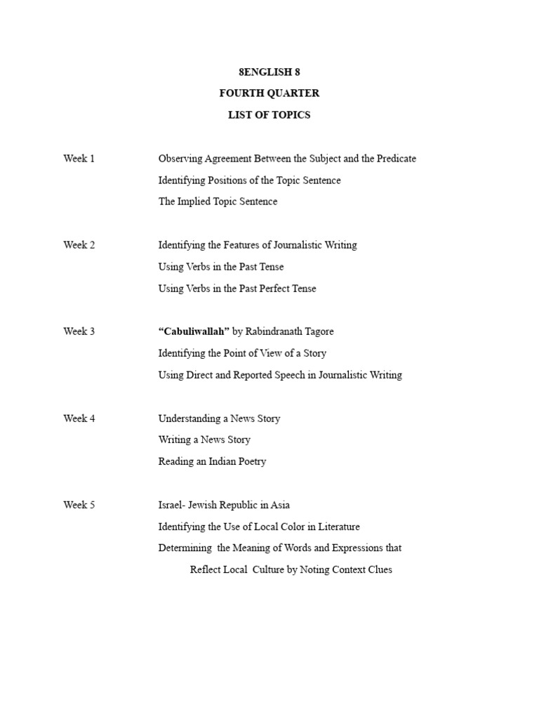 ENGLISH 8-LIST OF TOPICS - 4th Quarter | PDF