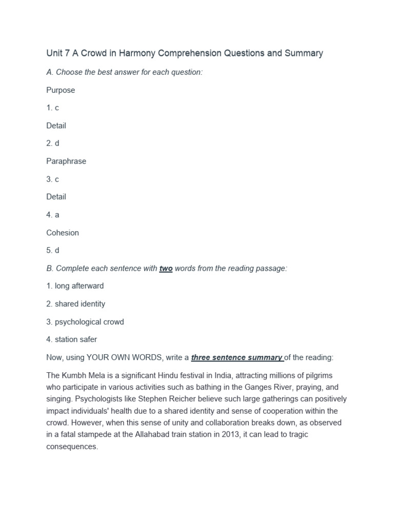 Unit 7 A Crowd in Harmony Comprehension Questions and Summary | PDF
