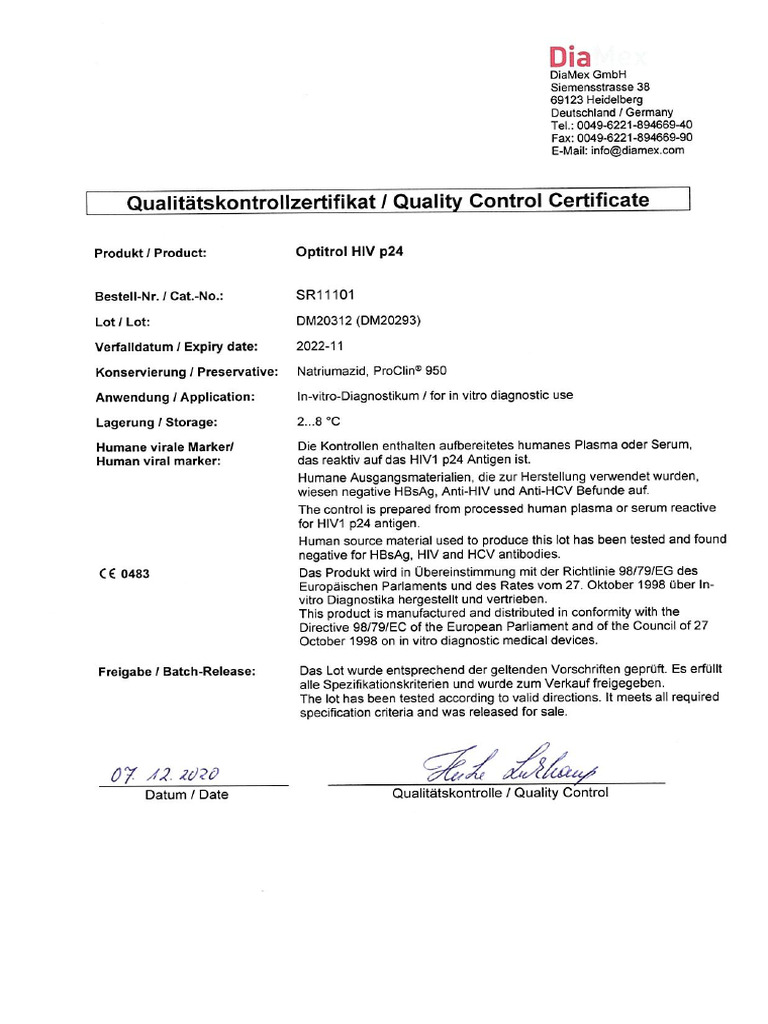 QCC Optitrol Hivp24 Sr11101 Dm20312 Dm20293 Diamex | PDF