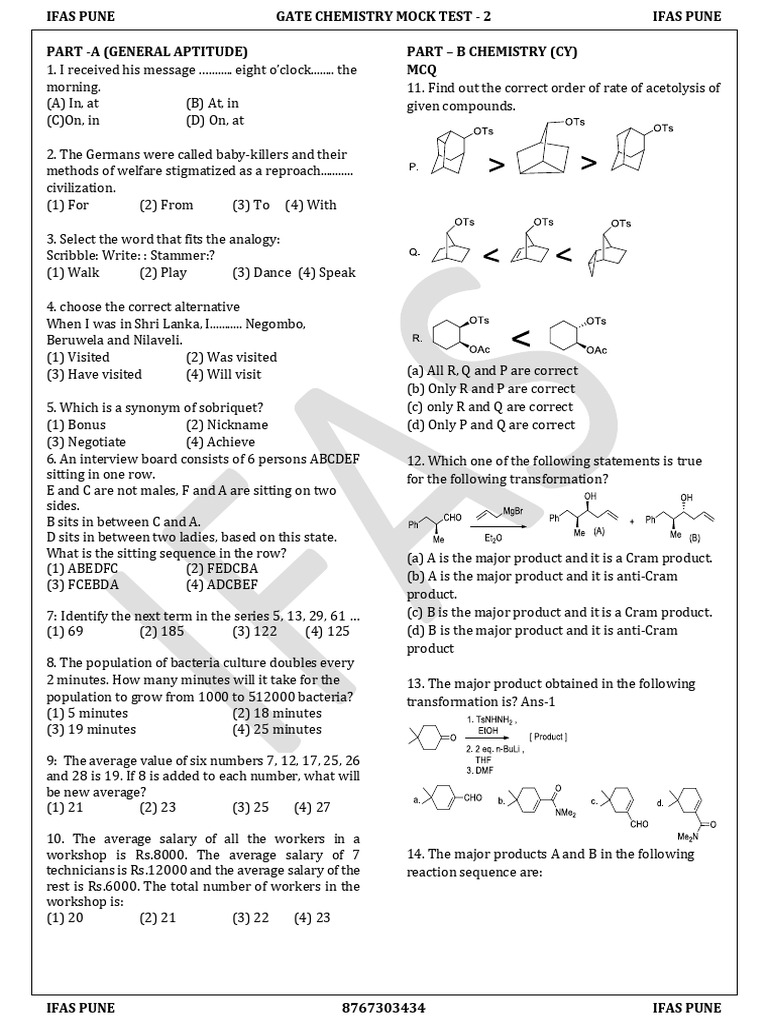 GATE Chemistry Mock Test 2 | PDF | Mole (Unit) | Coordination Complex