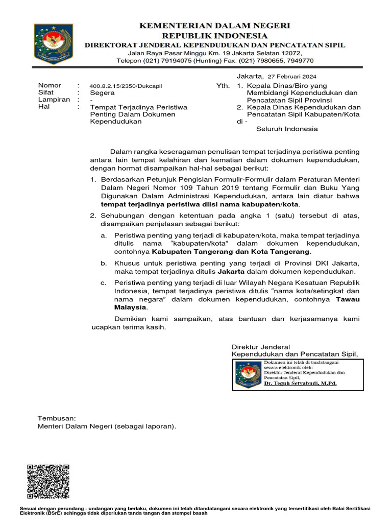 2350 Tempat Terjadinya Peristiwa Penting Dokumen Adminduk | PDF