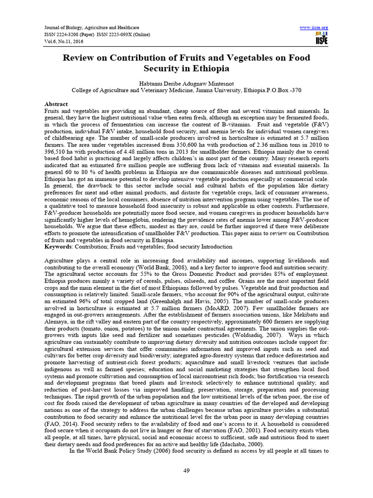 Review On Contribution of Fruits and Vegetables On Food Security in ...