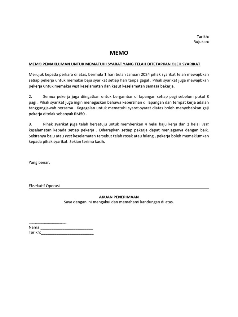 Contoh Memo Untuk Patuh Syarat Syarikat | PDF