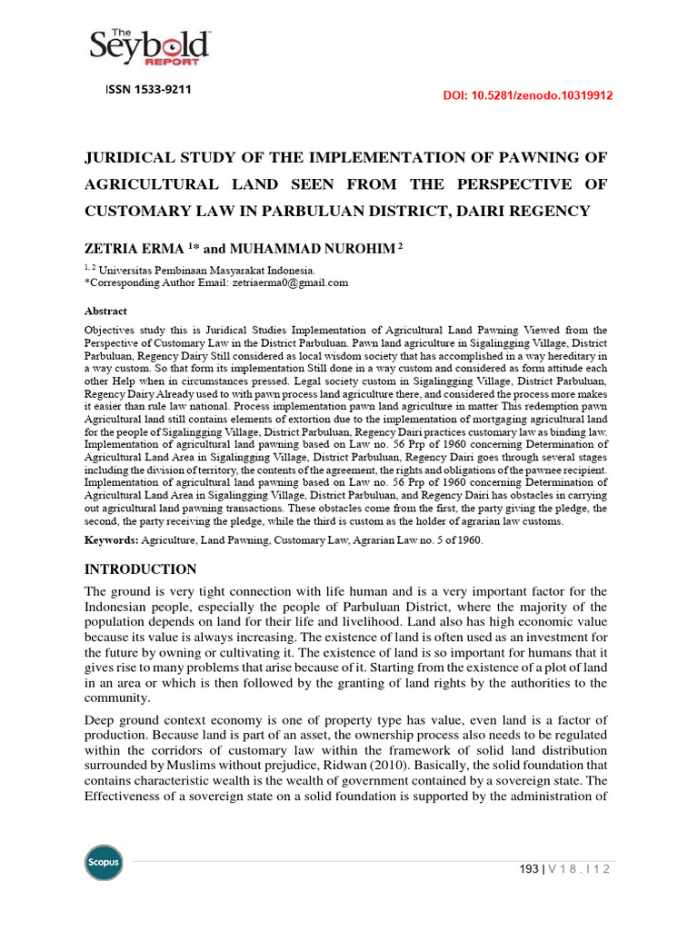 Juridical Study of The Implementation of Pawning of Agricultural Land ...