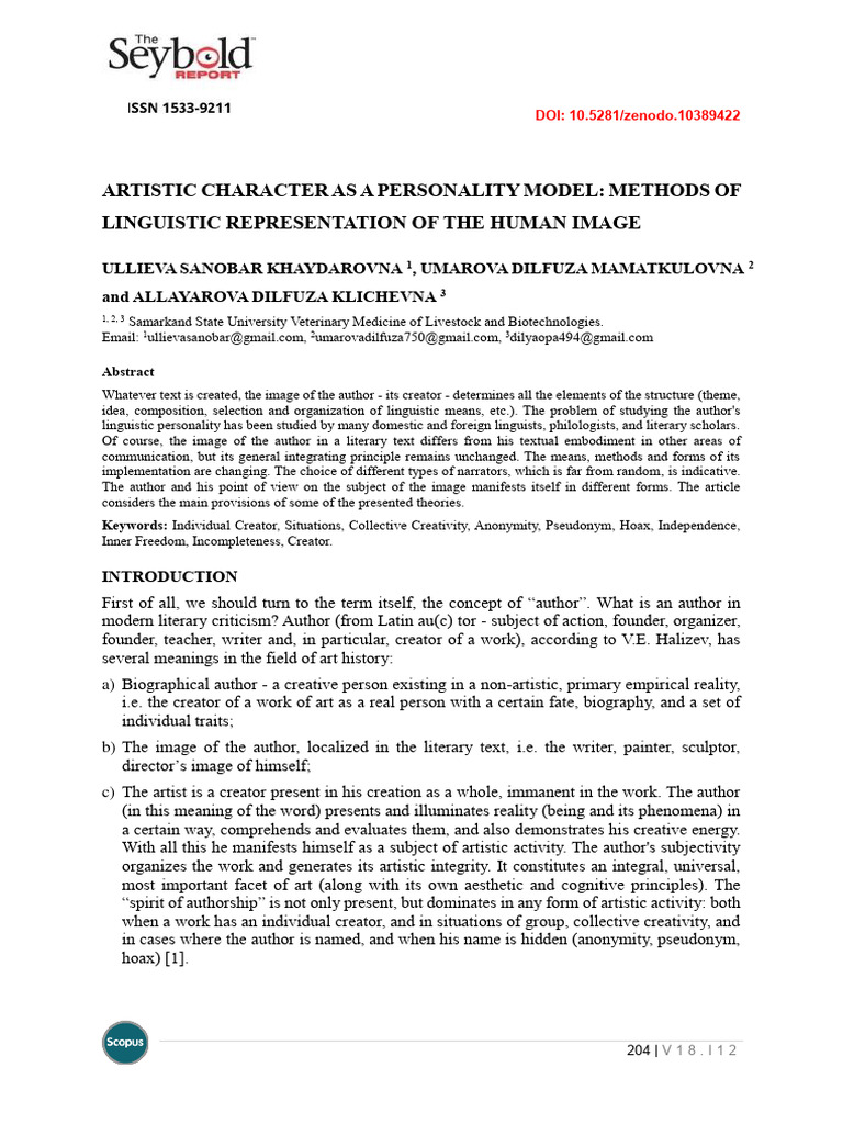 ARTISTIC CHARACTER AS A PERSONALITY MODEL: METHODS OF LINGUISTIC ...