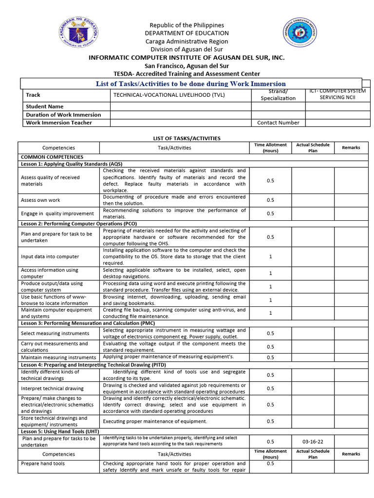ICT Work Immersion Task List | PDF | Computer Network | Wi Fi