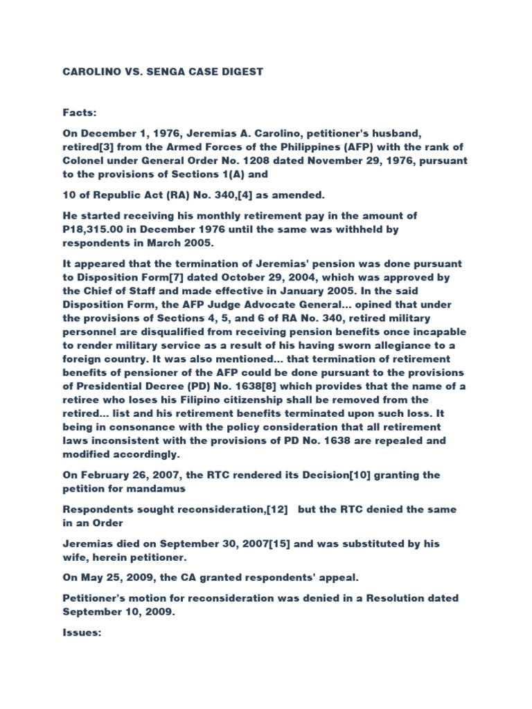 Carolino v. Senga Case Digest Summary | PDF | Ex Post Facto Law | Mandamus