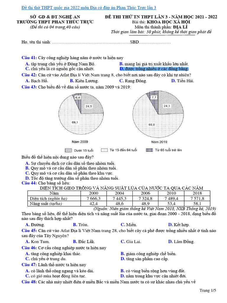 De Thi Thu THPT Quoc Gia 2022 Mon Dia Phan Thuc Truc Lan 3 | PDF