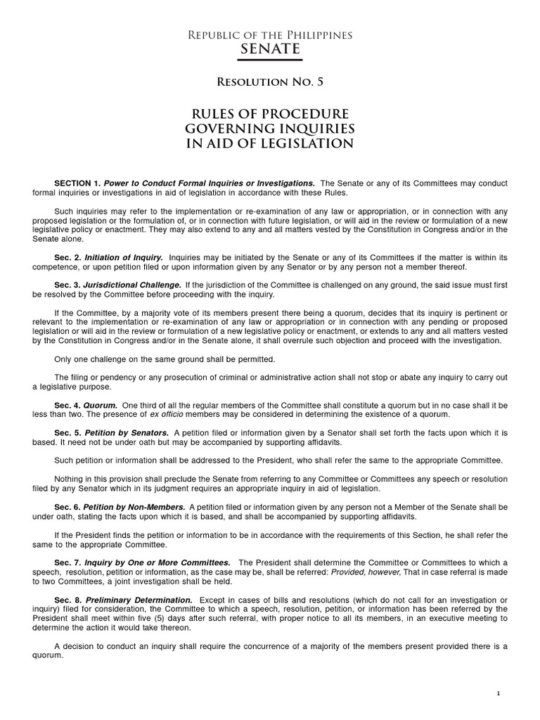Senate Resolution No. 5 - Rules of Procedure Governing Inquiries in Aid ...