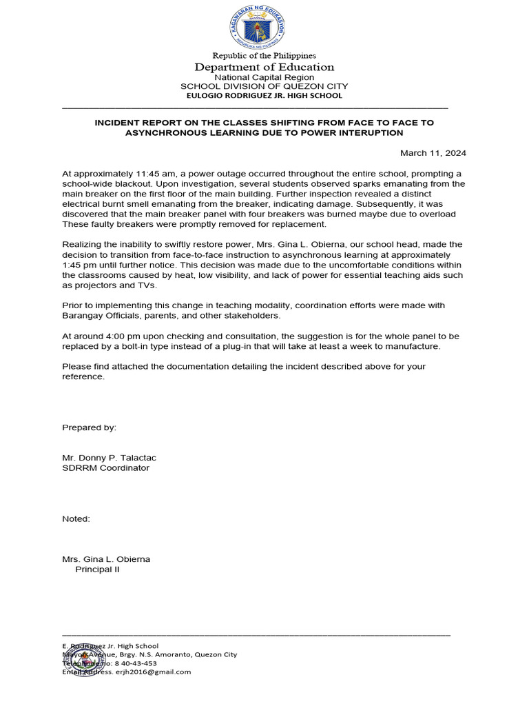 Incident Report Power Interruption ERJHS | PDF