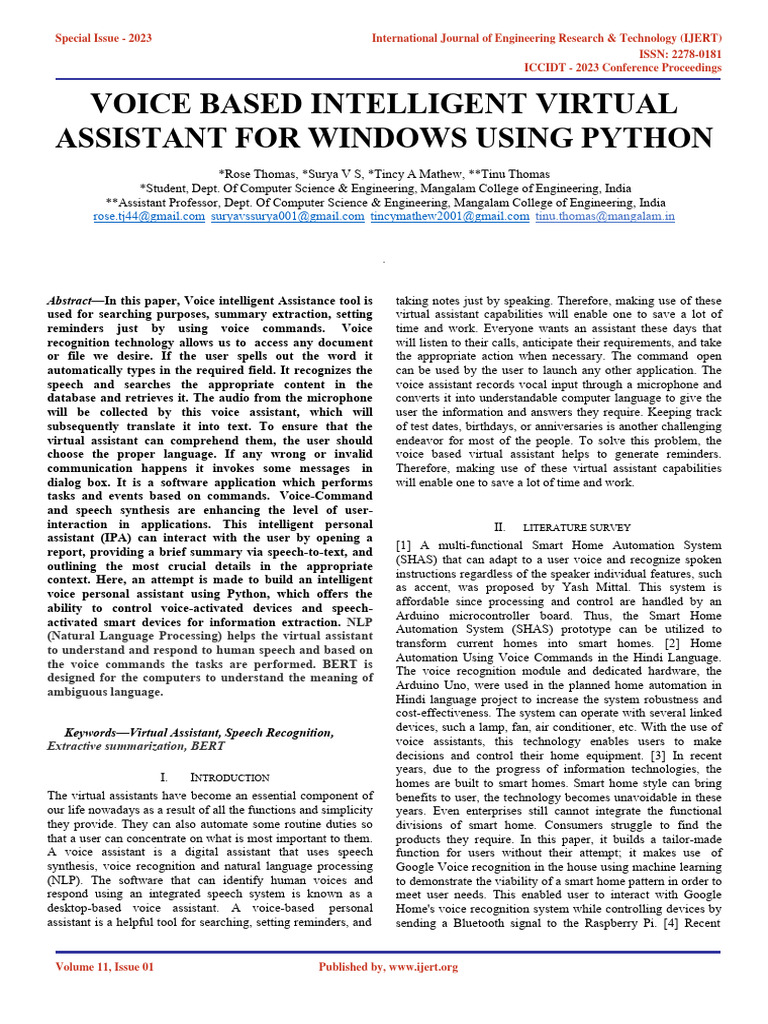 Voice Based Intelligent Virtual Assistant For Windows Using Python ...