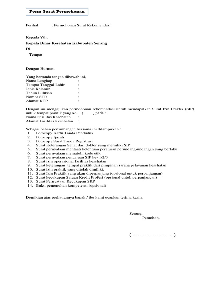 Form Permohonan Rekom Dinkes | PDF