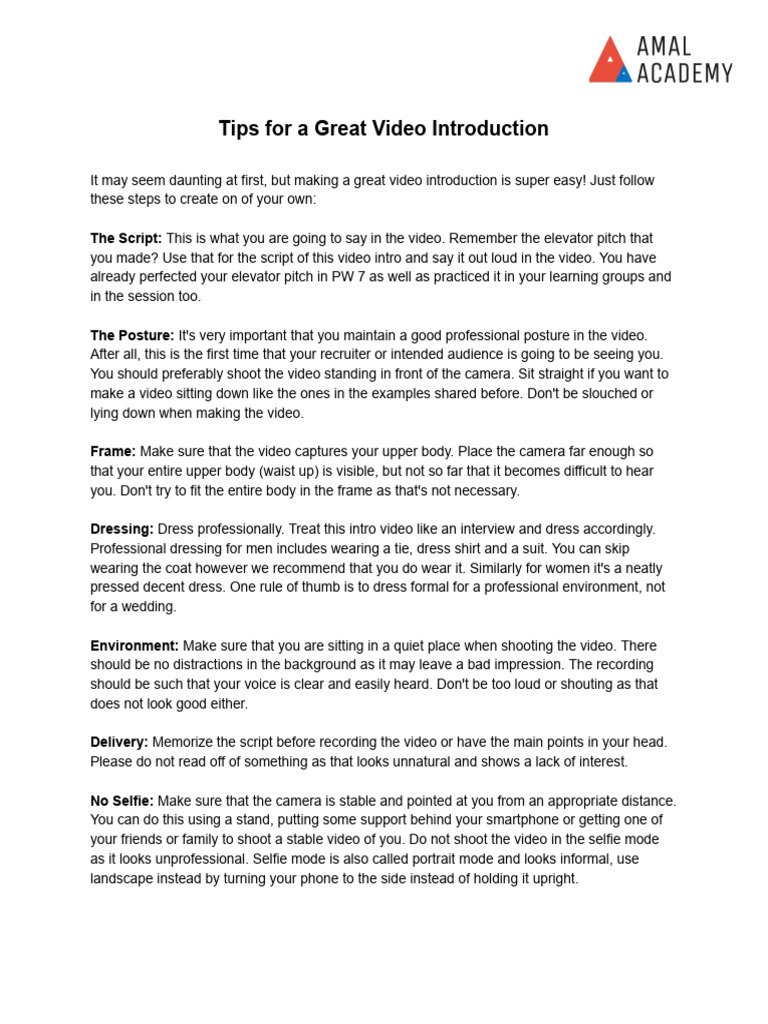 Video Introduction Guidelines | PDF | Video | Selfie