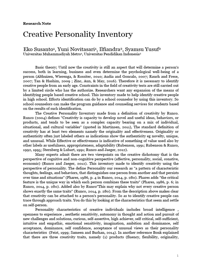 Creative Personality Inventory for Students | PDF | Creativity | Thought